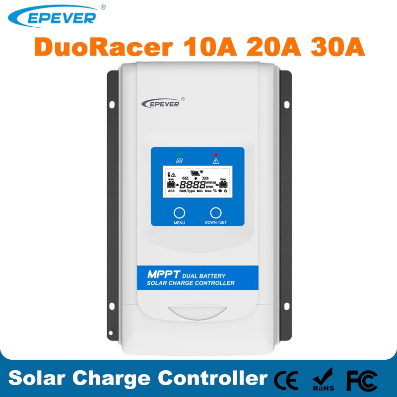 EPever DuoRacer Dual Battery MPPT 10A 20A 30A Solar Charger és kirakógépek Controller 12V 24V ...