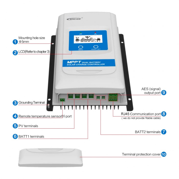 EPever DuoRacer Dual Battery MPPT 10A 20A 30A Solar Charger és kirakógépek Controller 12V 24V ...