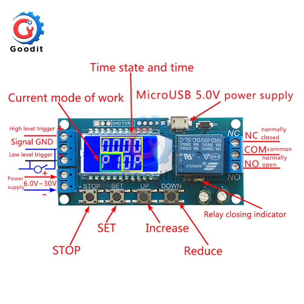 DC 5V Delay lekapcsolás ciklusidőzítéssel relé modul digitális LCD ...