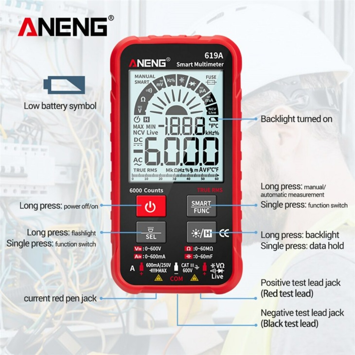 Aneng 619A Digitális Multiméter True Rms 6000 Grófok Tesztelők Ac / Dc ...