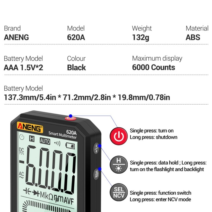 Aneng 620A Digitális Multiméter Intelligens Transistor Tesztelők 6000 ...