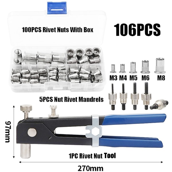 106Pcs Kézi Riveter Nut Rivet Gun Kit Menetes Anya Rive Eszköz M3-M8 ...