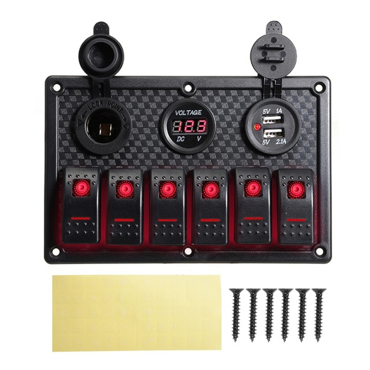 12V / 24V Vízálló 6 Gang Switch Control Panel Piros Led Rocker ...